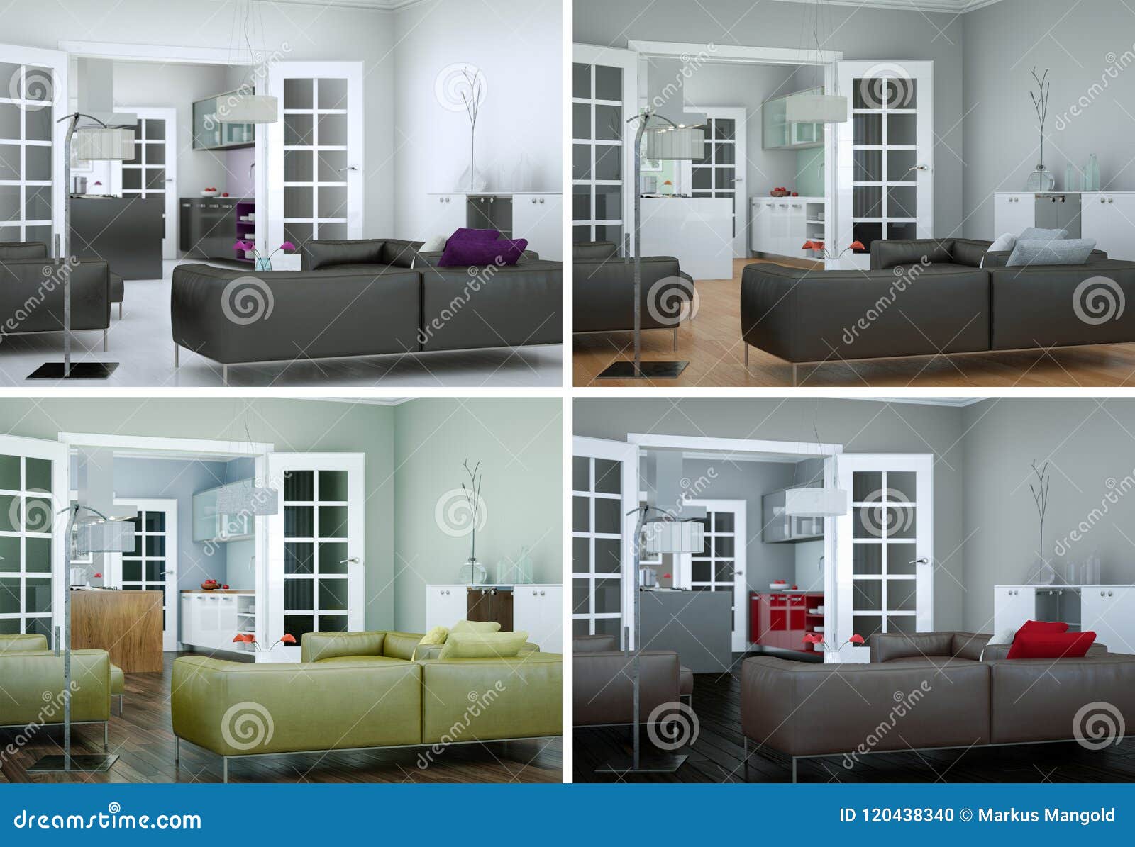 Four Color Variations of Modern Interior Loft Design Stock Illustration ...