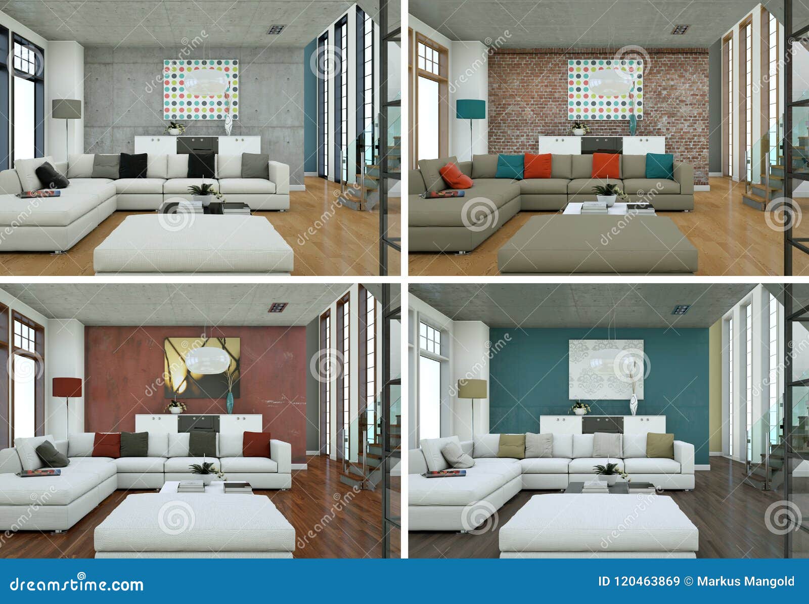 Four Color Variations of Modern Interior Loft Design Stock Illustration ...