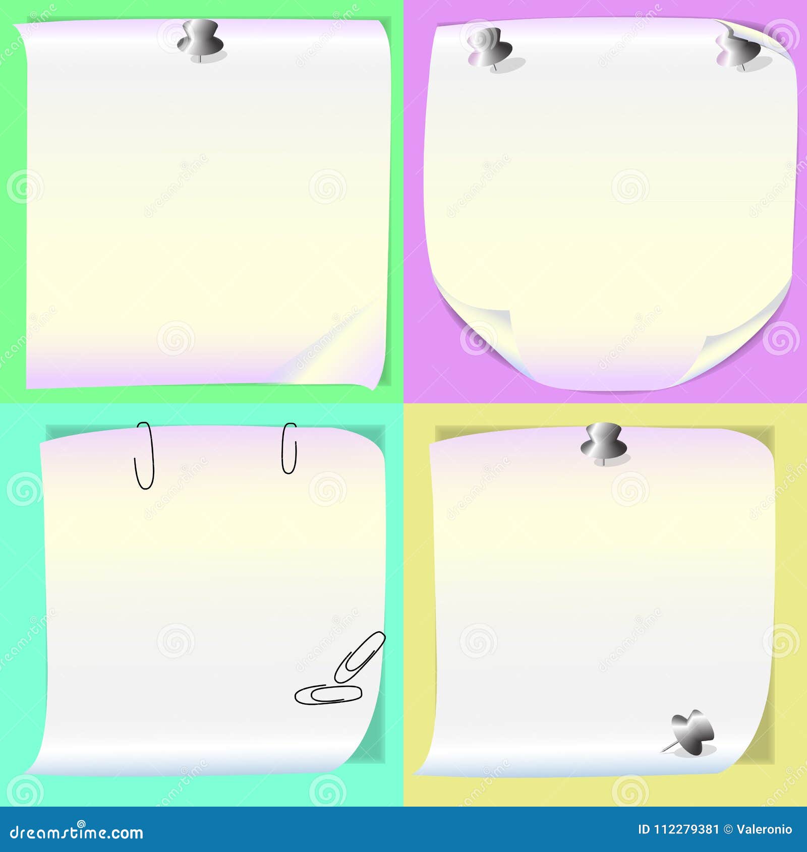 Four Memo Sheets with Pins on Different Colored Backgrounds. Bright ...
