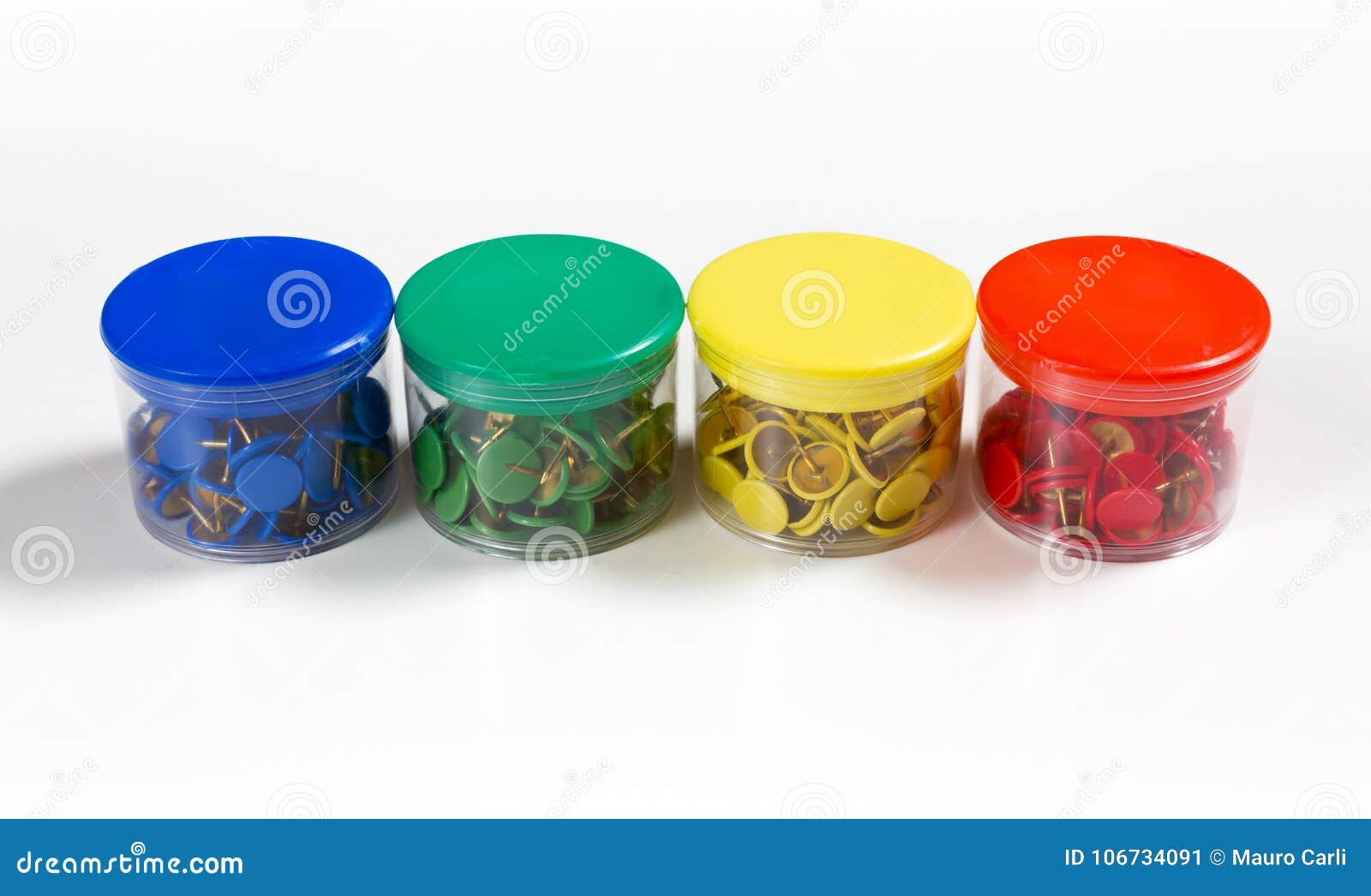 Four Colored Thumbtack Boxes Stock Image - Image of plastic, draw ...