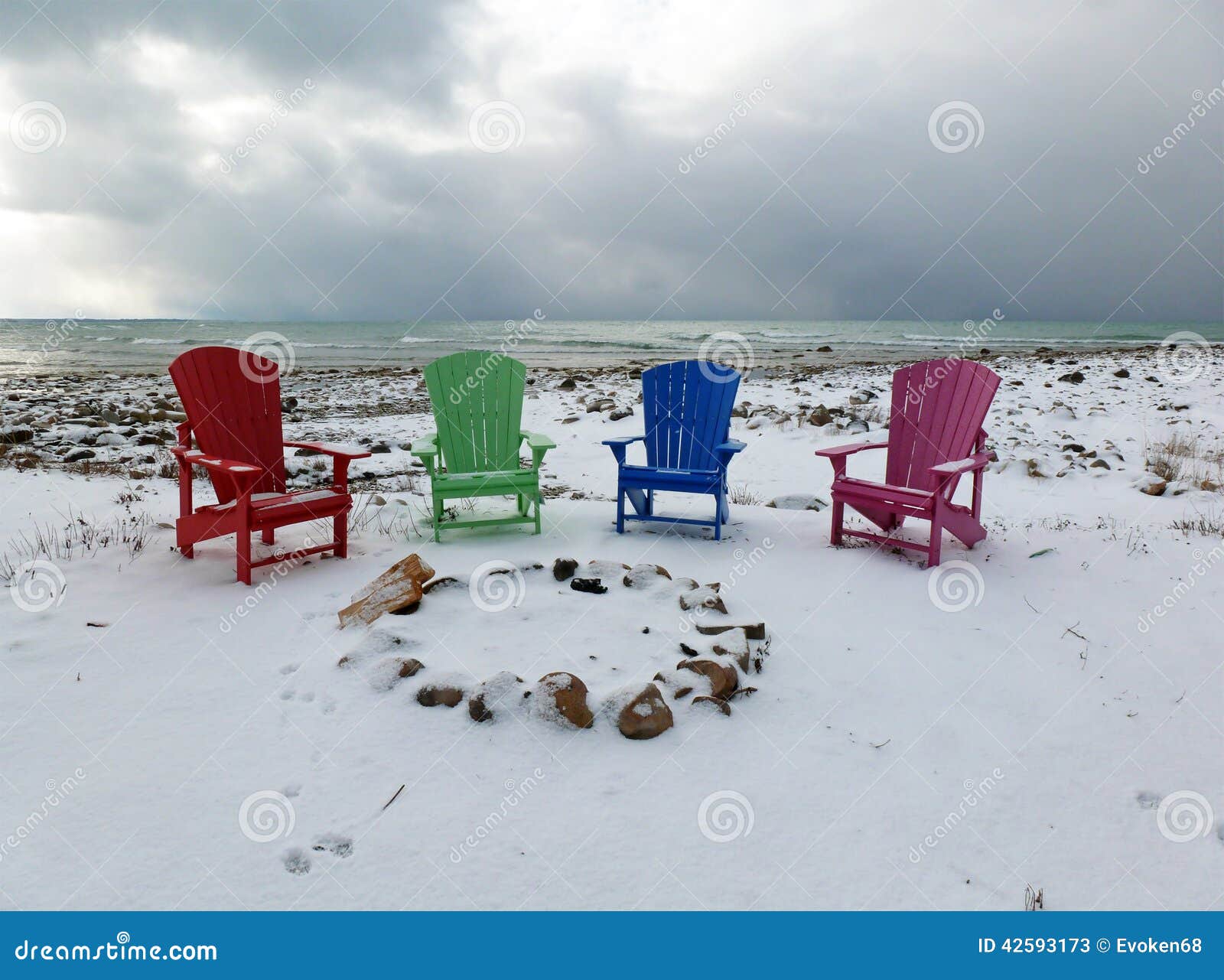 Four Colorful Chairs on a Winter Beach Stock Image - Image of bleak ...