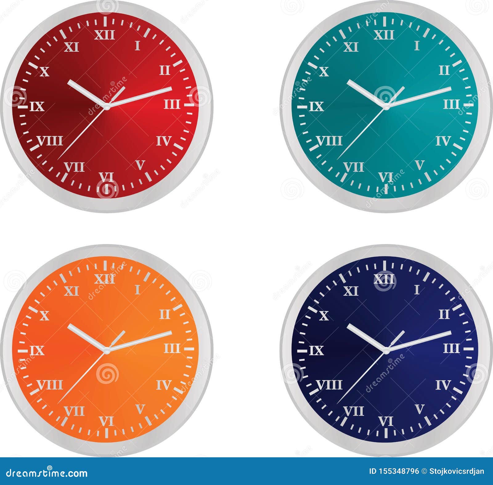 Four colorful clocks stock vector. Illustration of blue - 155348796