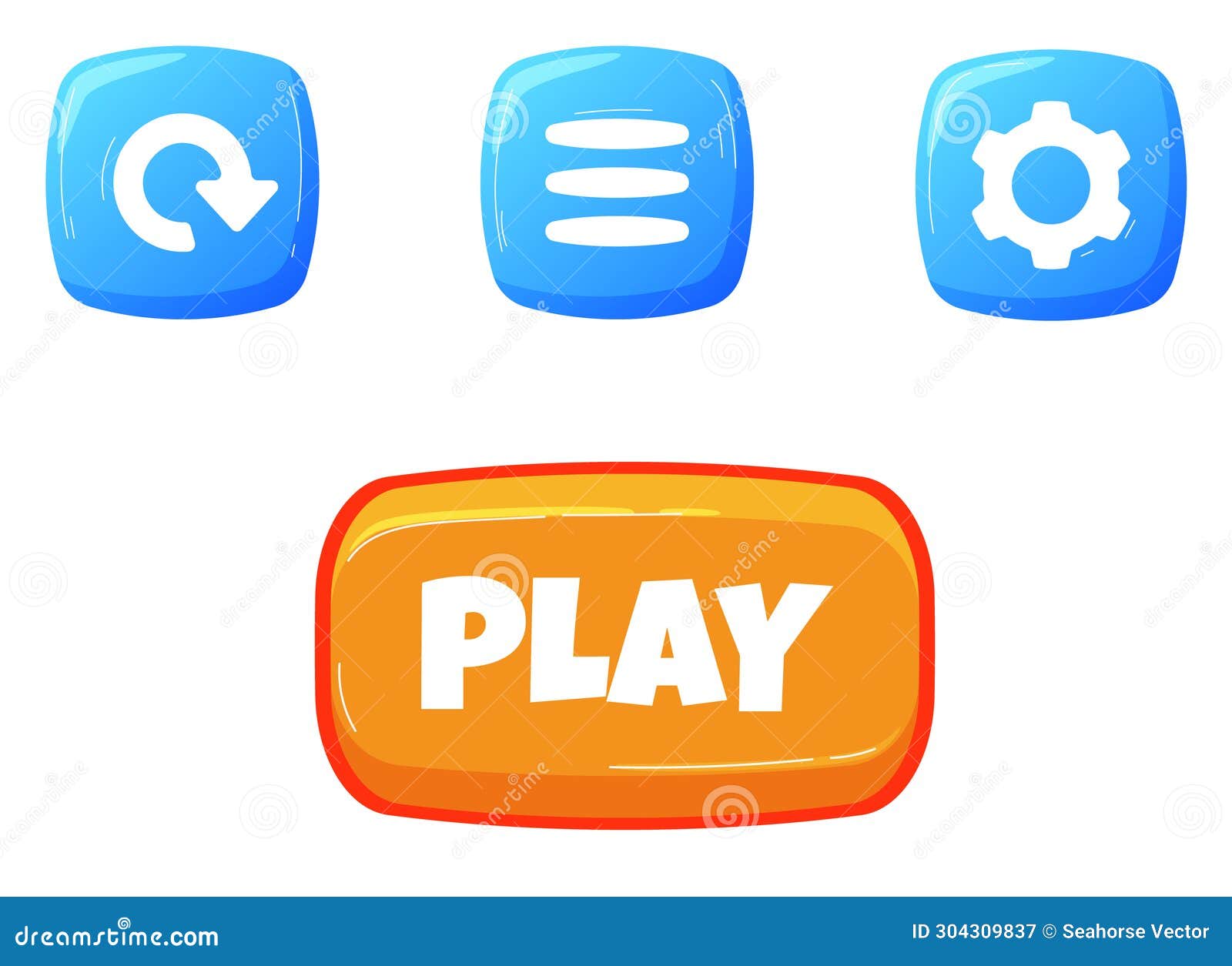 Four Colorful Game Buttons with Icons and Text. Glossy Blue and Orange ...