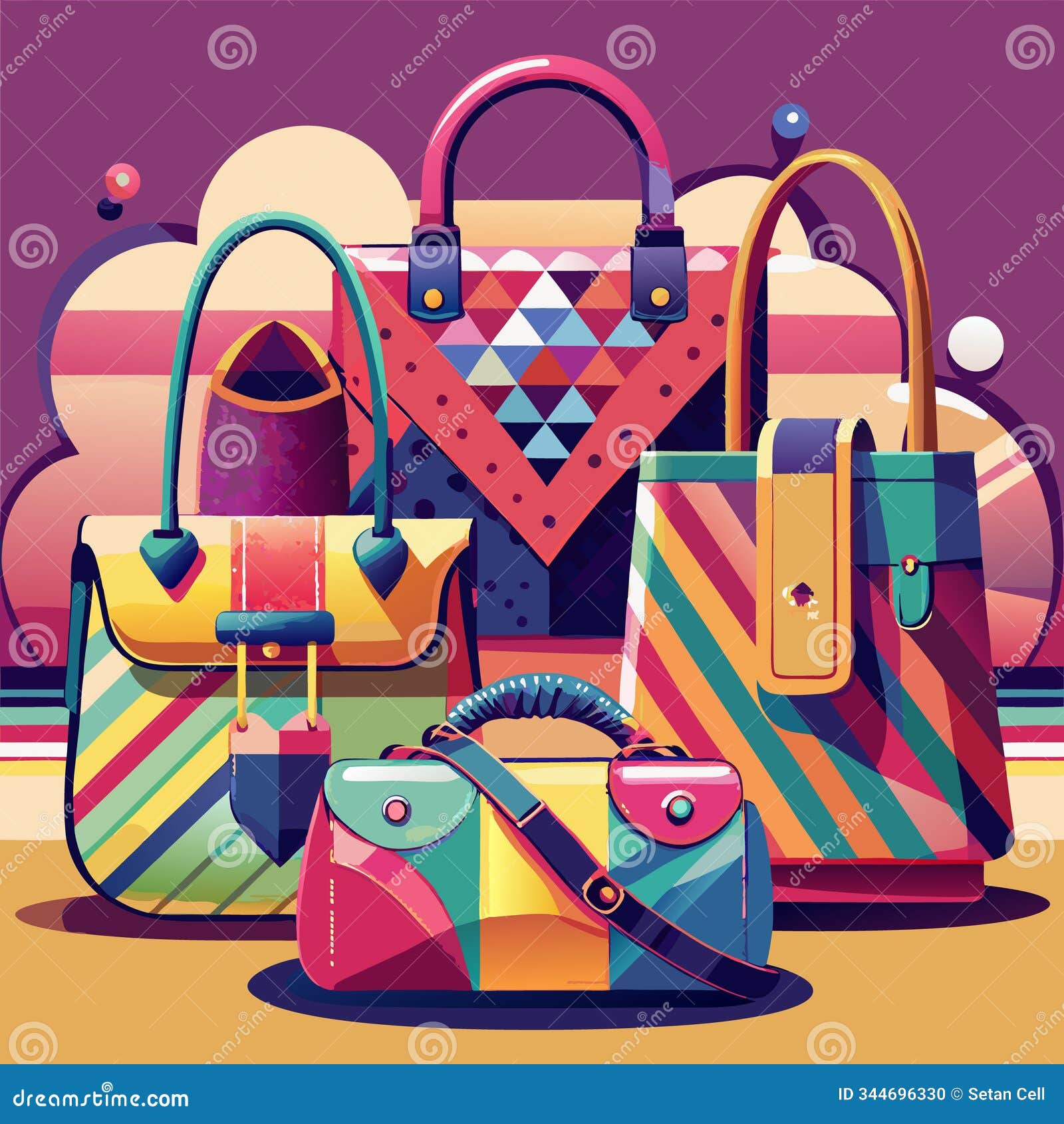 Four Colorful Handbags with Geometric Patterns and Stripes Stock Vector ...