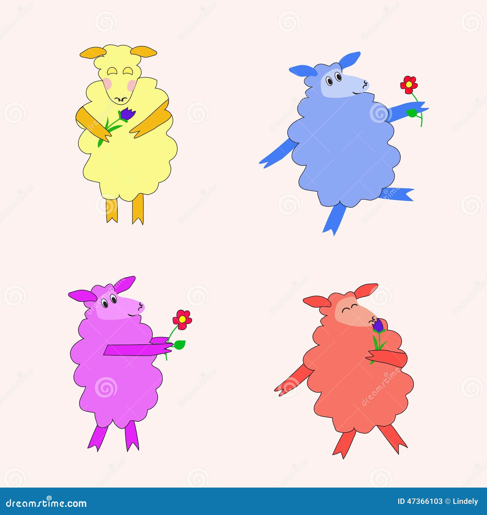 Four Colorful Isolated Sheep with Flowers Stock Vector - Illustration ...
