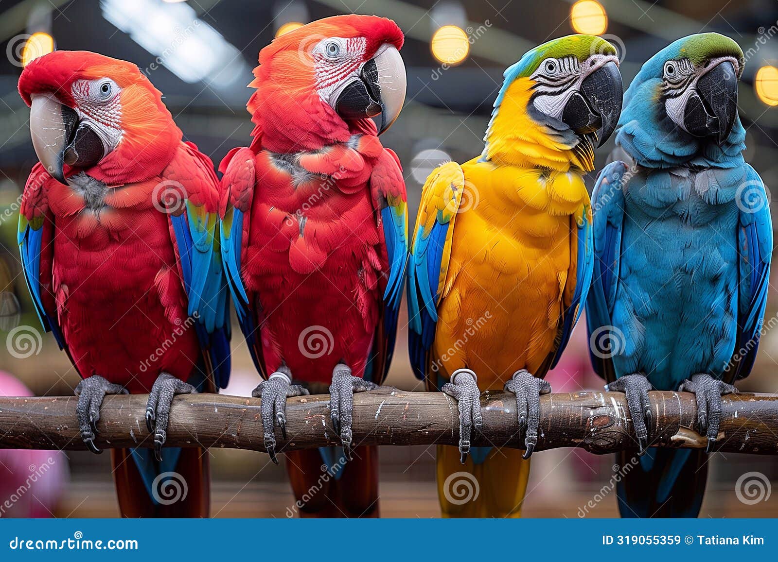 Four Colorful Large Parrots Sitting on Branch Front View. Stock Image ...