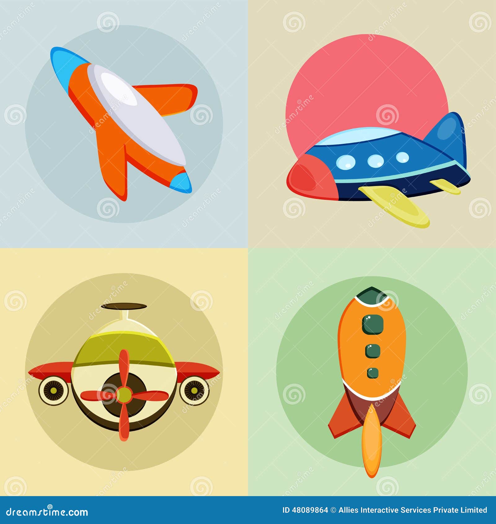 Six Colorful Rockets Launching, Cartoon Style Illustration, Stars ...
