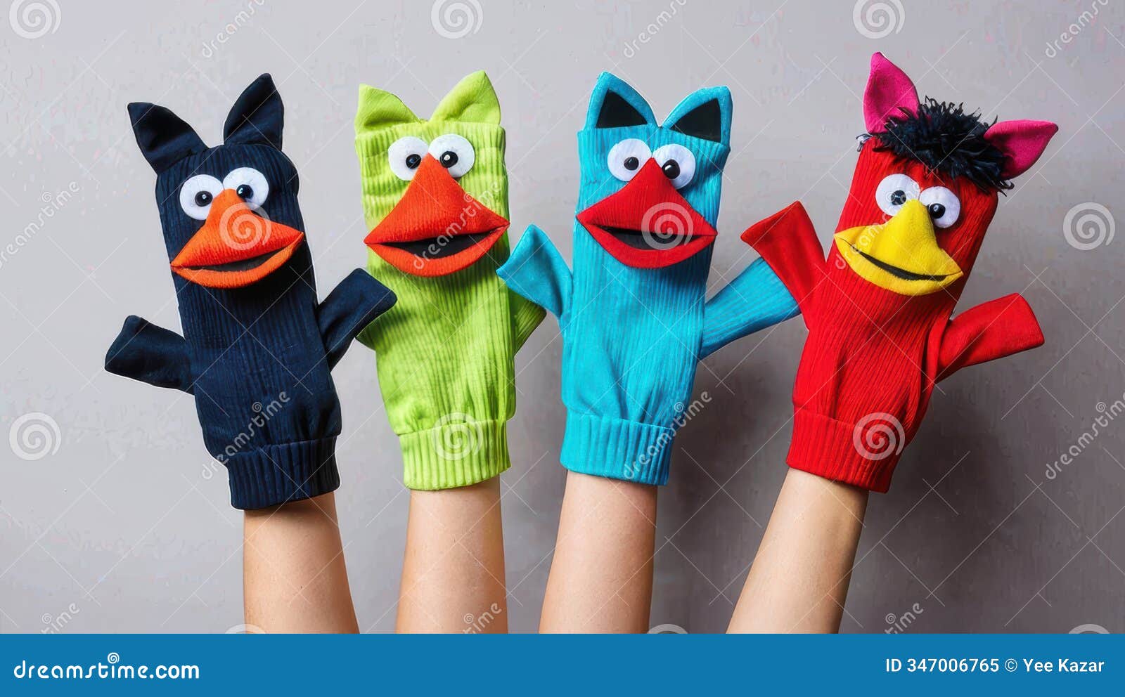 Four Colorful Sock Puppets on Hands Stock Illustration - Illustration ...