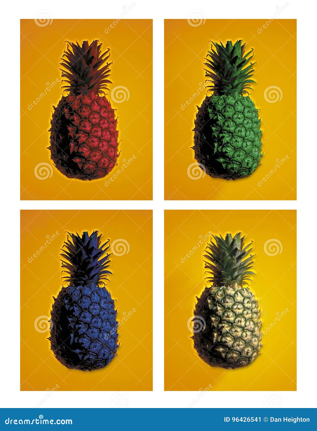 Four Coloured Pineapples on Yellow Background Stock Image - Image of ...