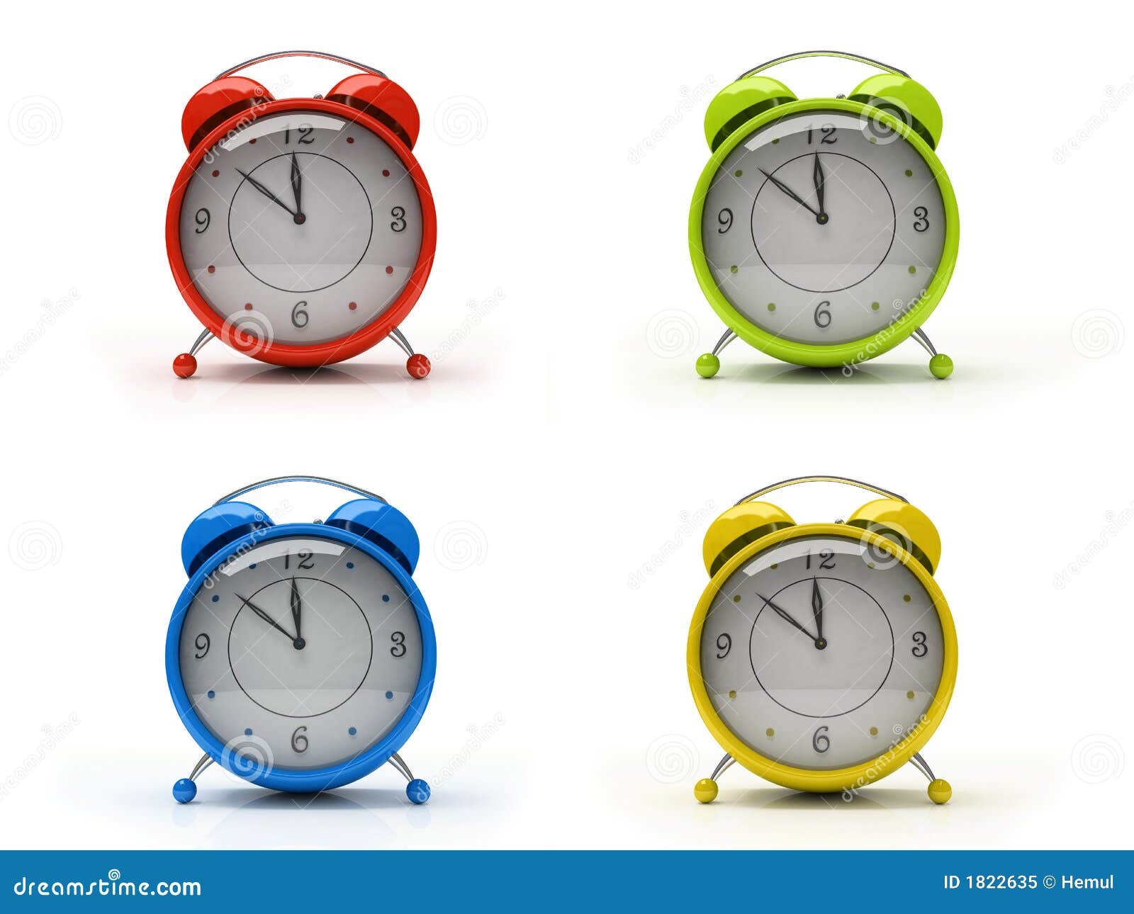 Four Colourful Alarm Clocks Isolated on White Background 3D Stock Image ...