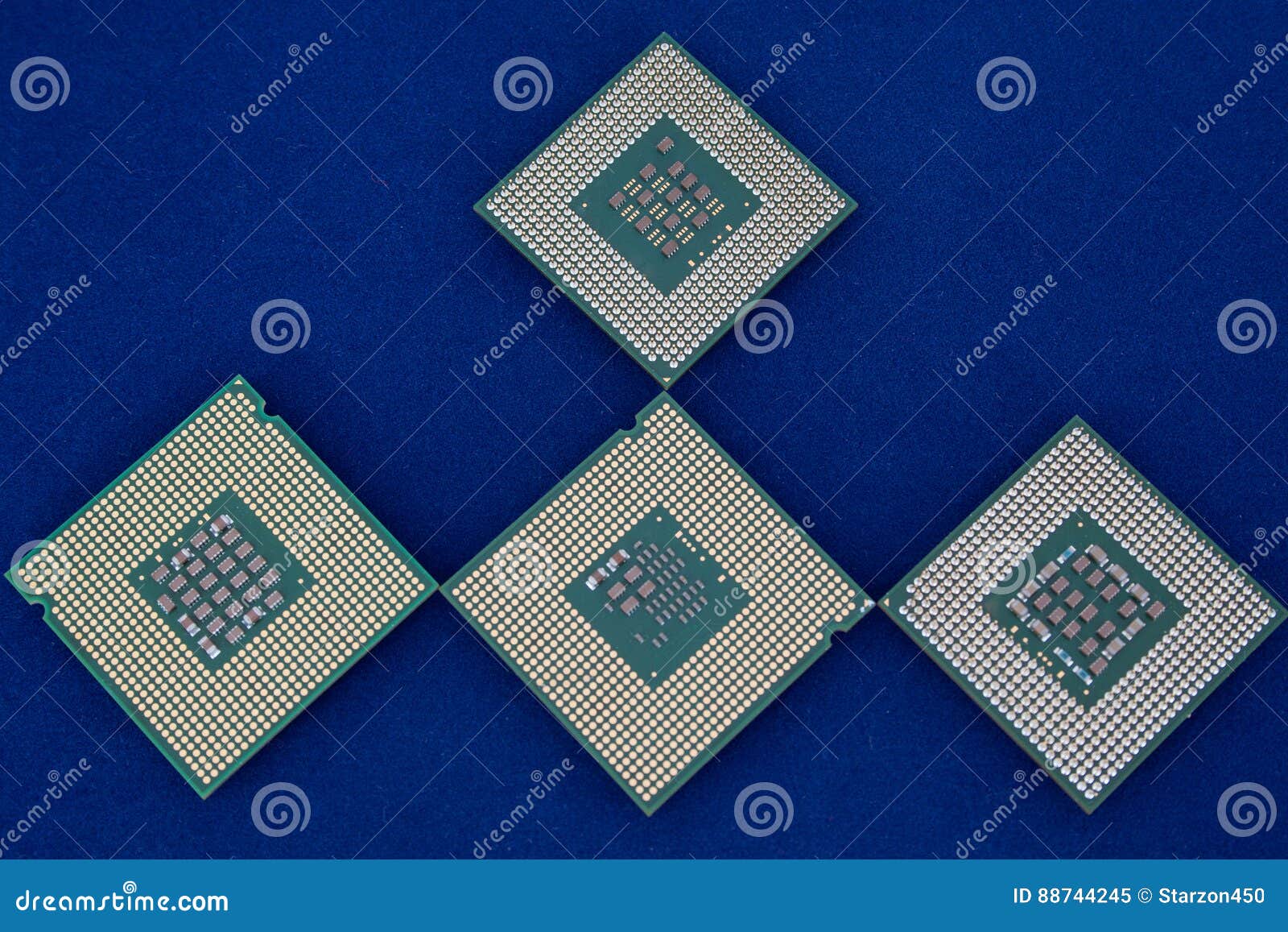 Four Computer Chip on the Blue Background. Stock Image - Image of green ...