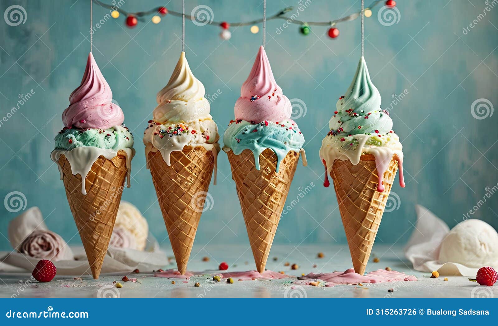 Four Cones of Ice Cream with Different Colors and Toppings are Arranged ...