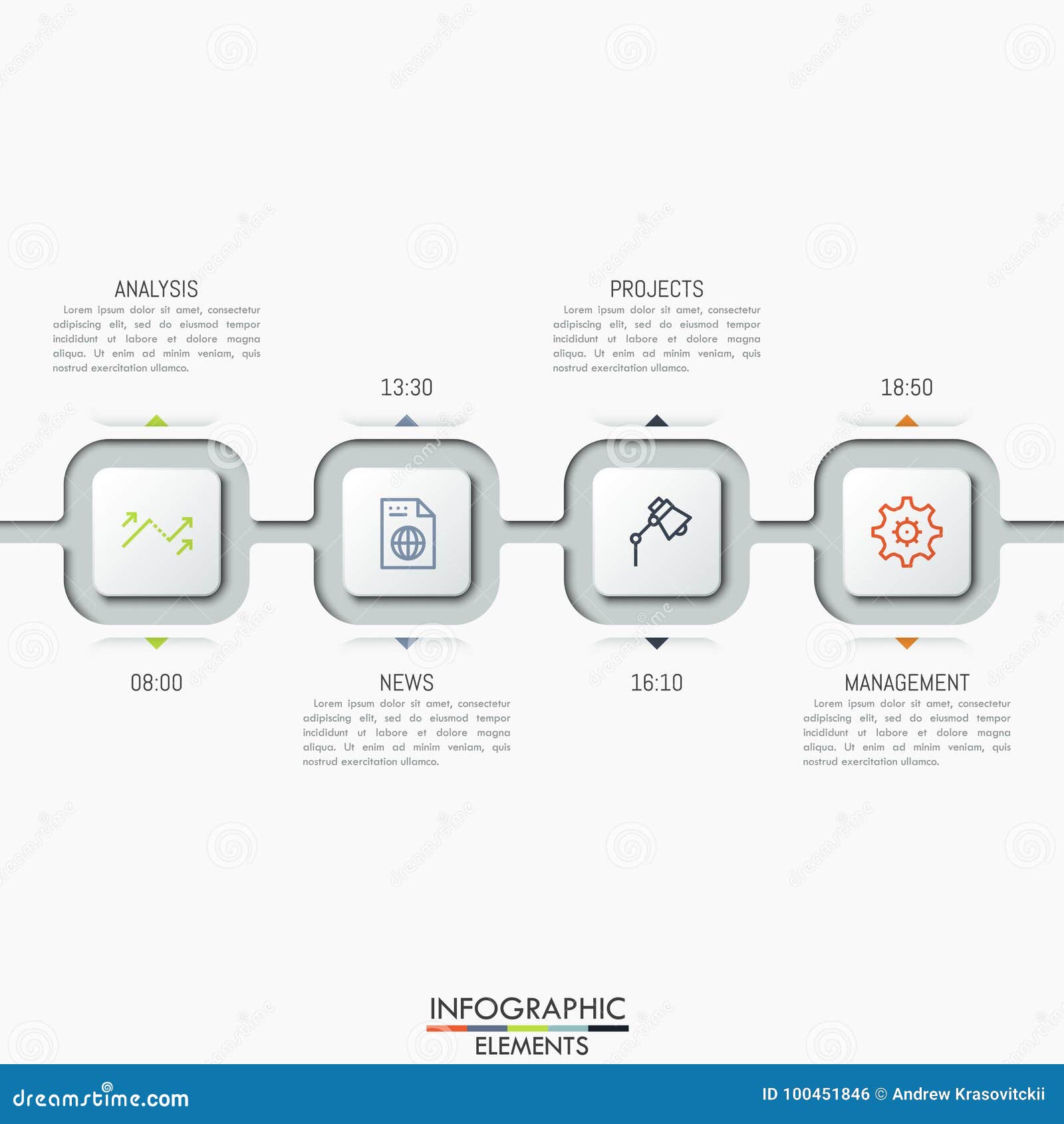 Four Connected Square Elements with Icons, Text Boxes and Time ...