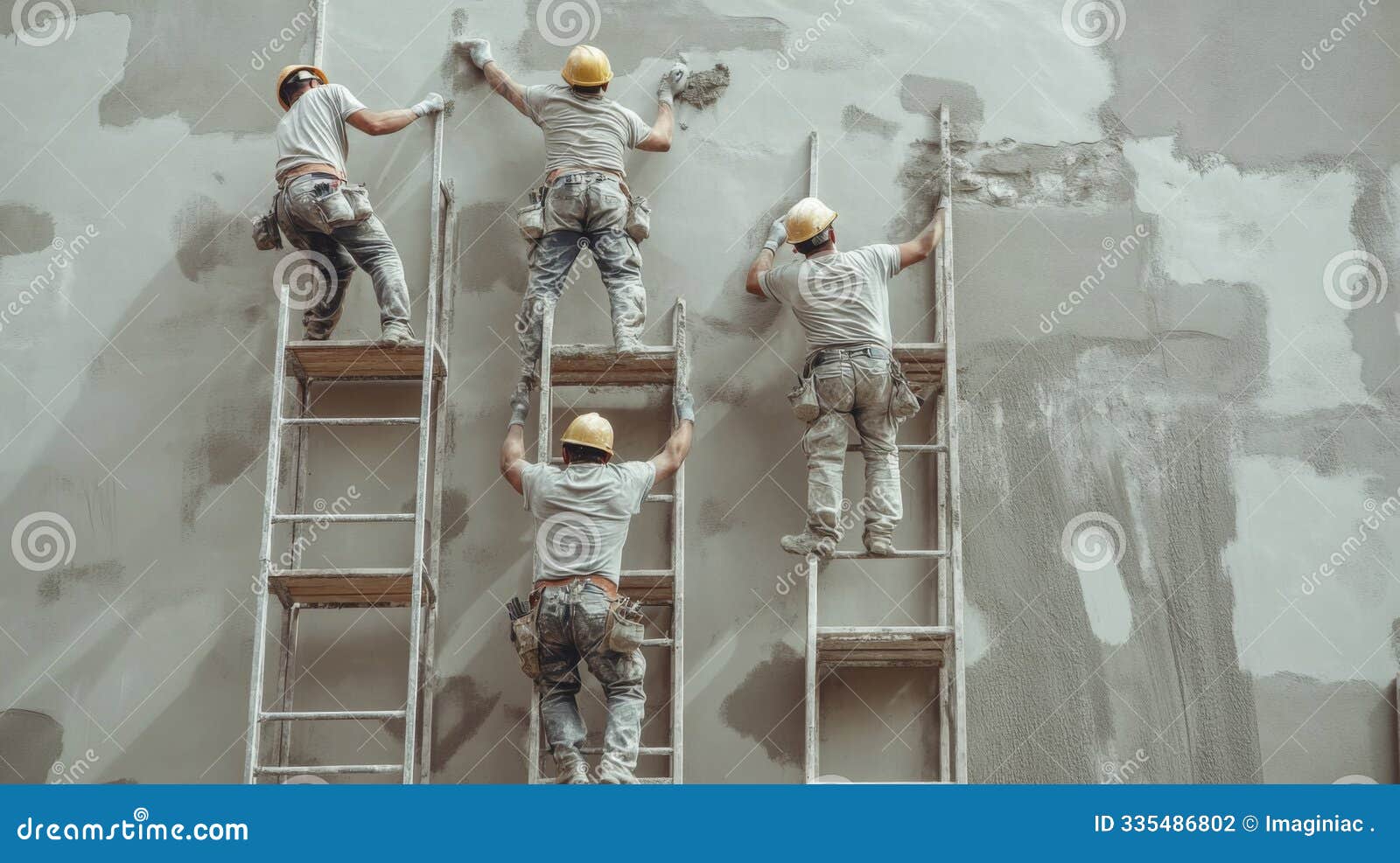 Workers Put Plaster, Installing Gypsum Plasterboard Panels In The ...