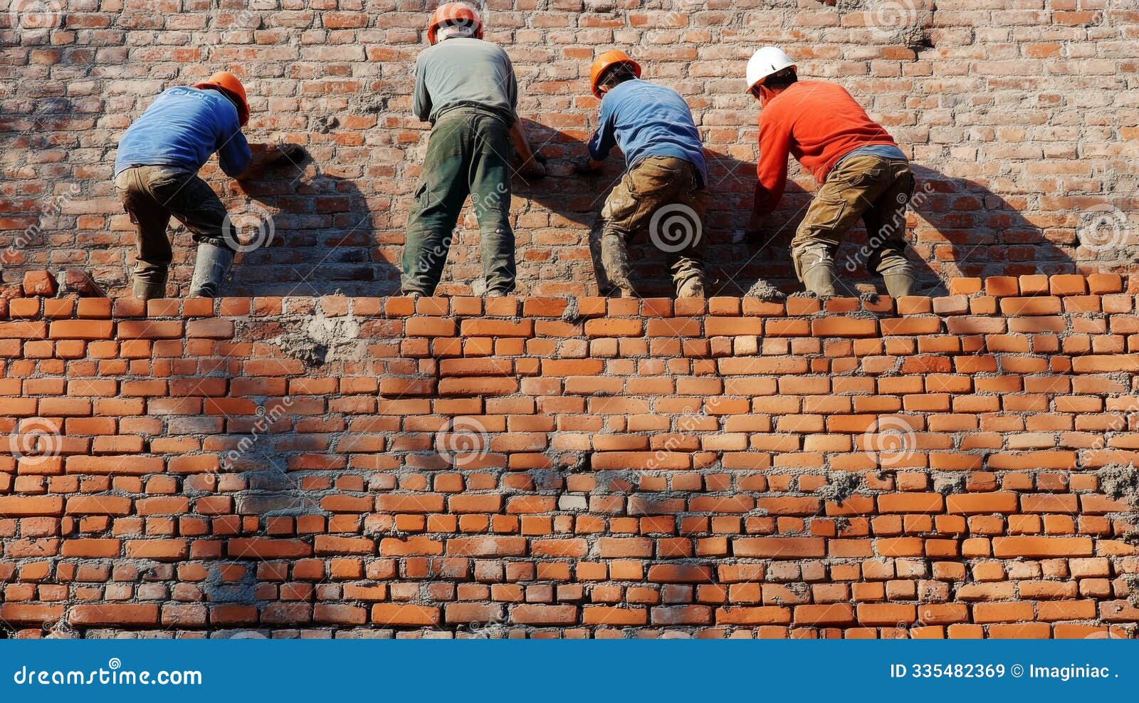 Four Construction Workers Building a Brick Wall Stock Illustration ...