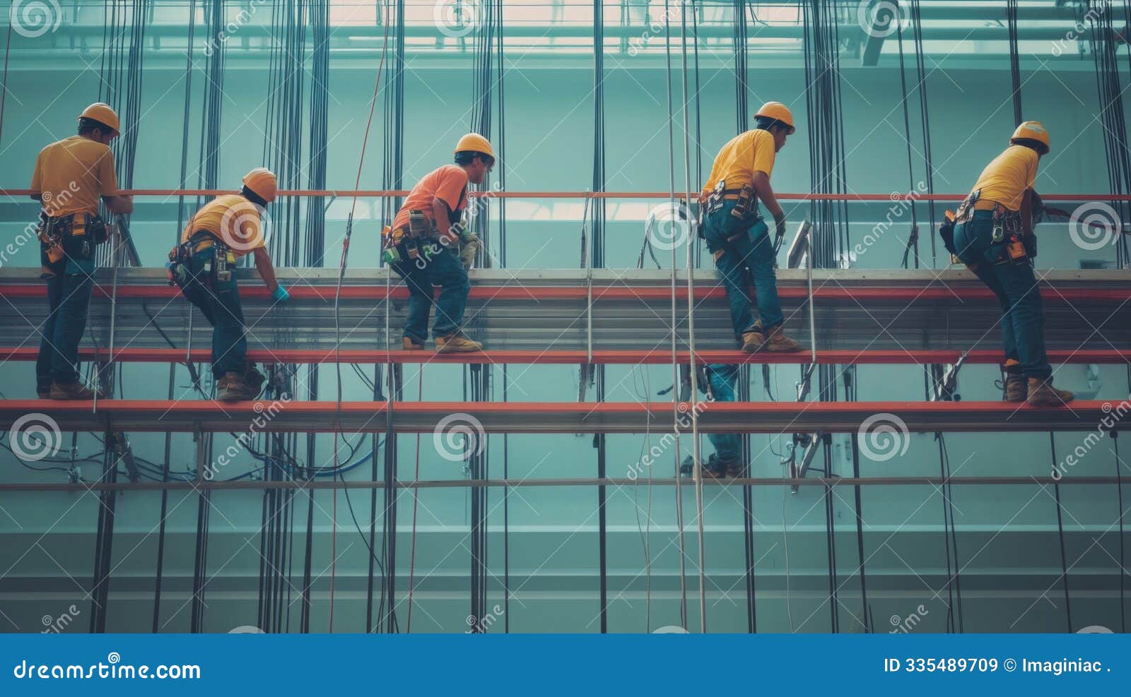 Four Construction Workers on Scaffolding Working on a Building Stock ...