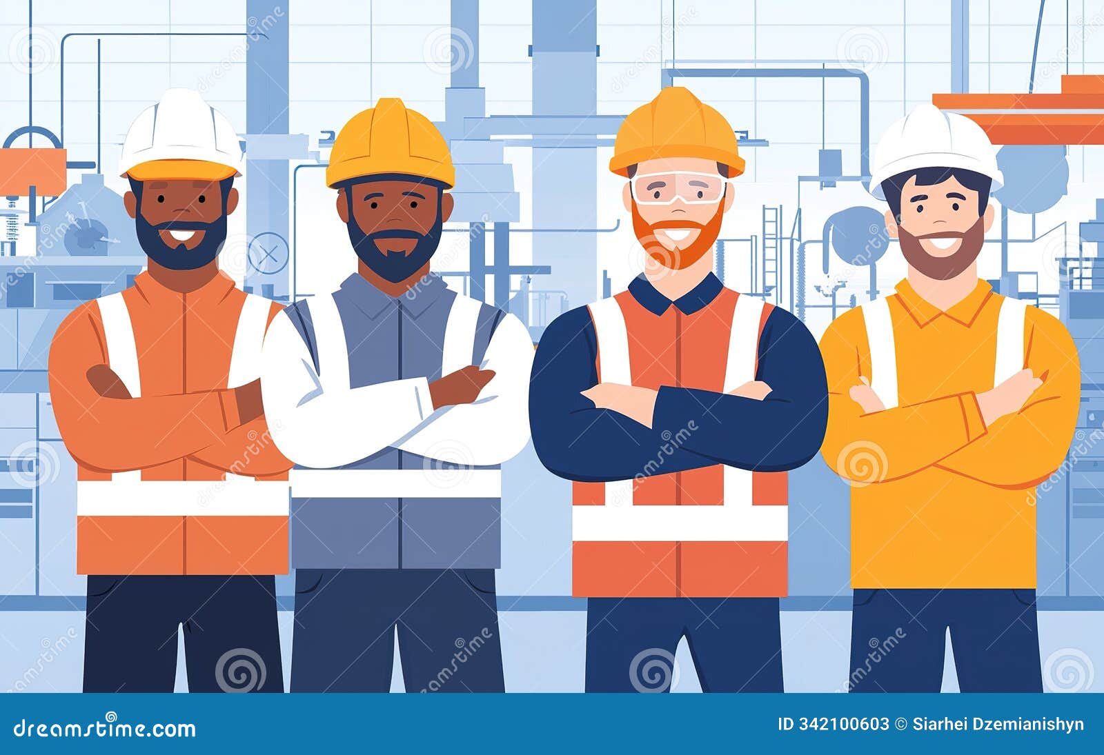 Four Construction Workers Standing Confidently in a Factory Setting ...