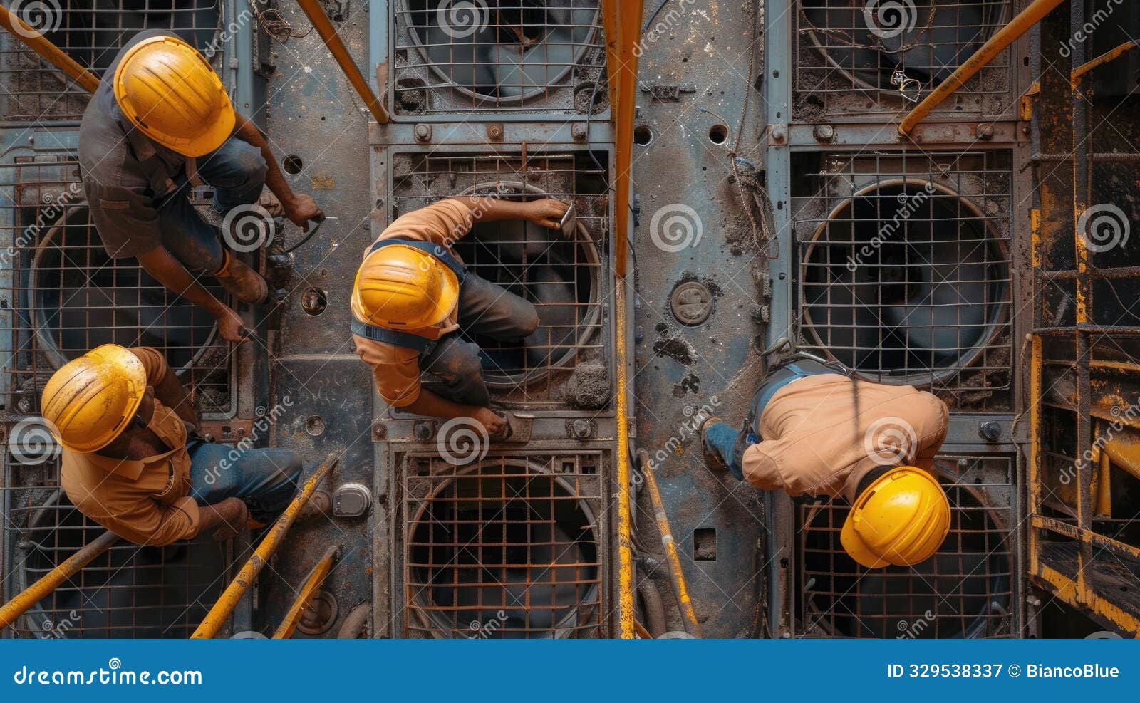 Four Construction Workers Wearing Hard Hats and Safety Vests are ...