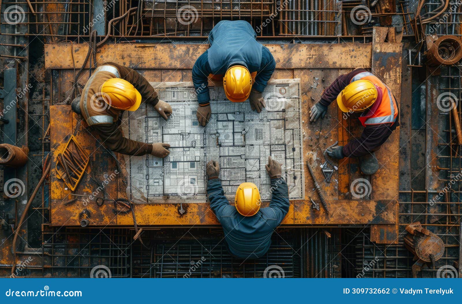 Four Construction Workers are Working on Construction Site Wearing Hard ...