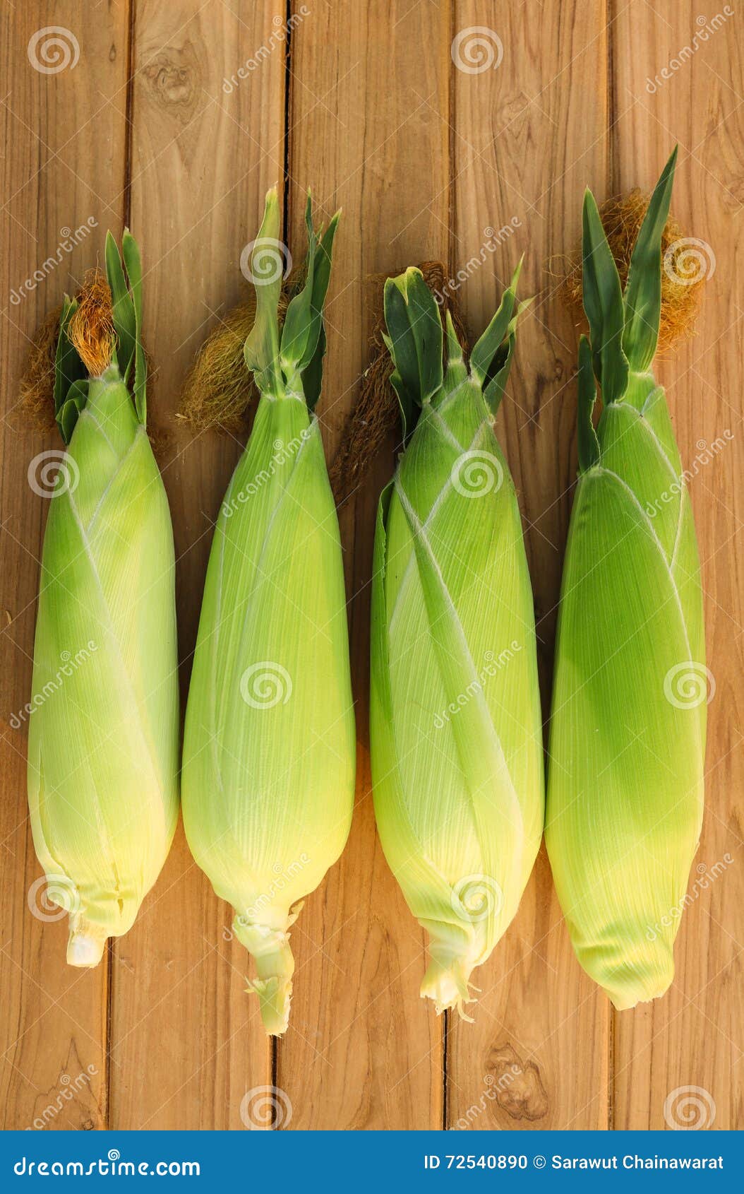 Four corn on wood table stock photo. Image of natural - 72540890