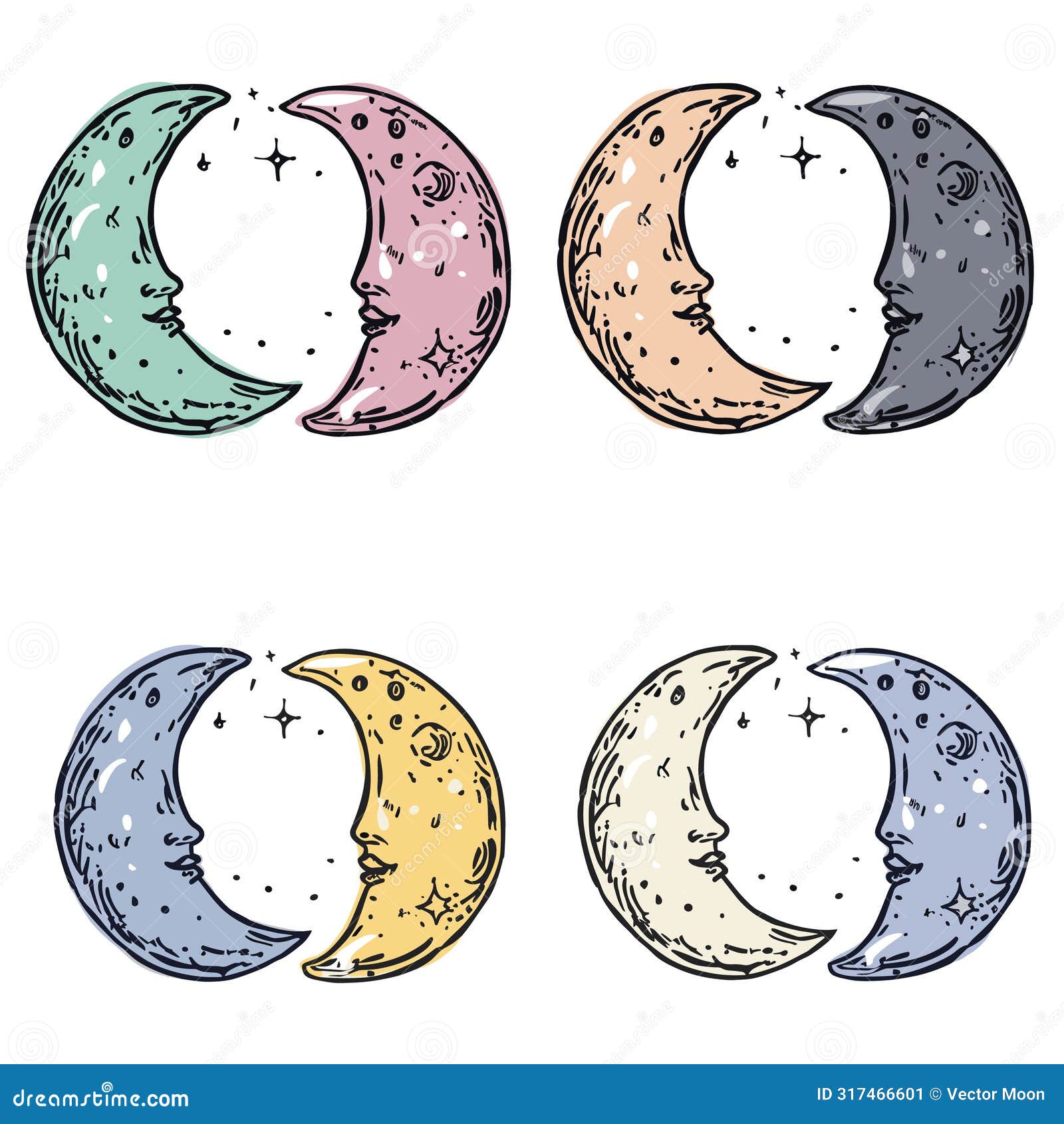 Four Crescent Moons Human Faces, Pair Facing Other. Multicolored Moon ...