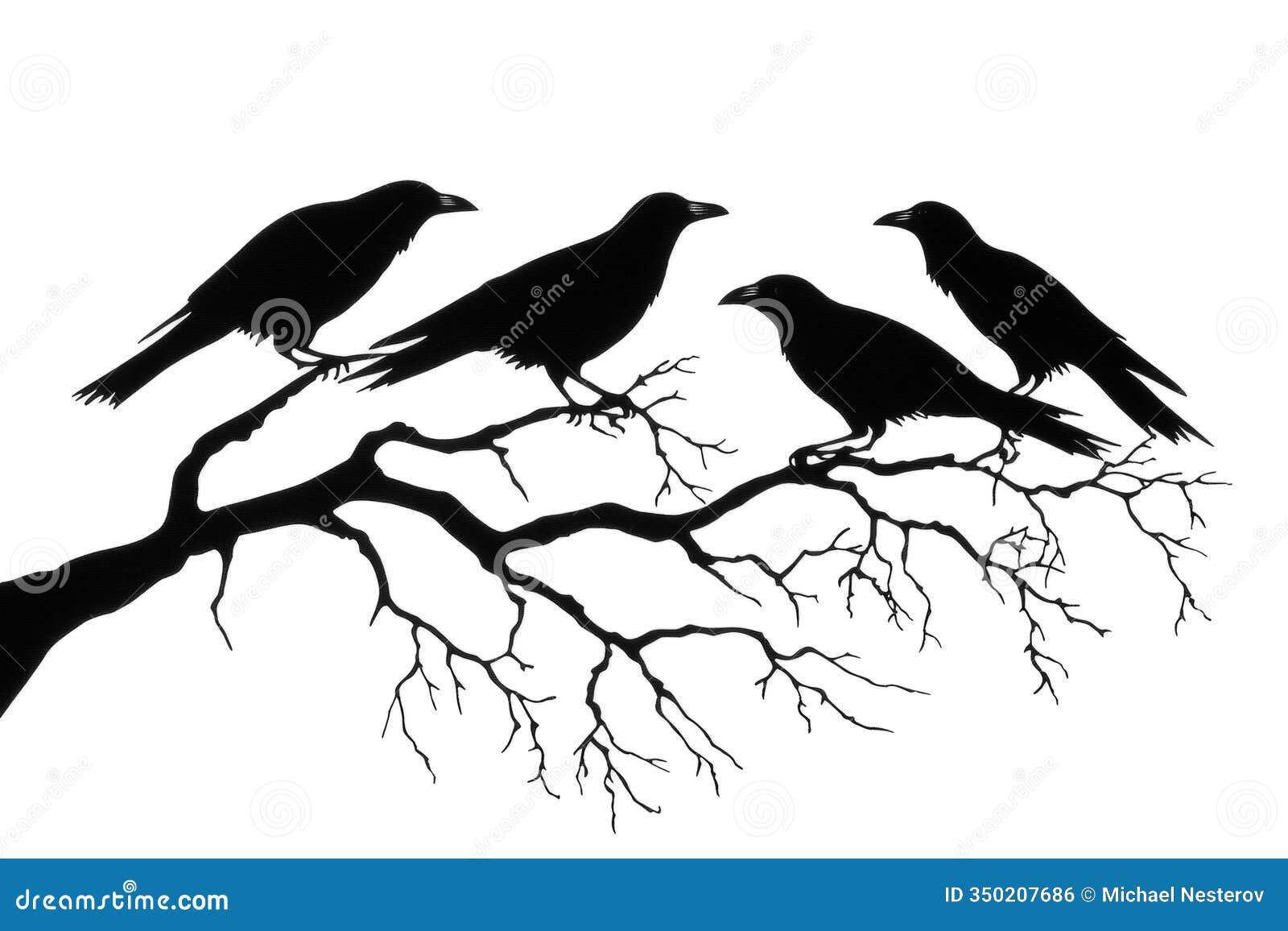 Four Crows Perching on Bare Tree Branch Silhouette Stock Illustration - Illustration of bird ...