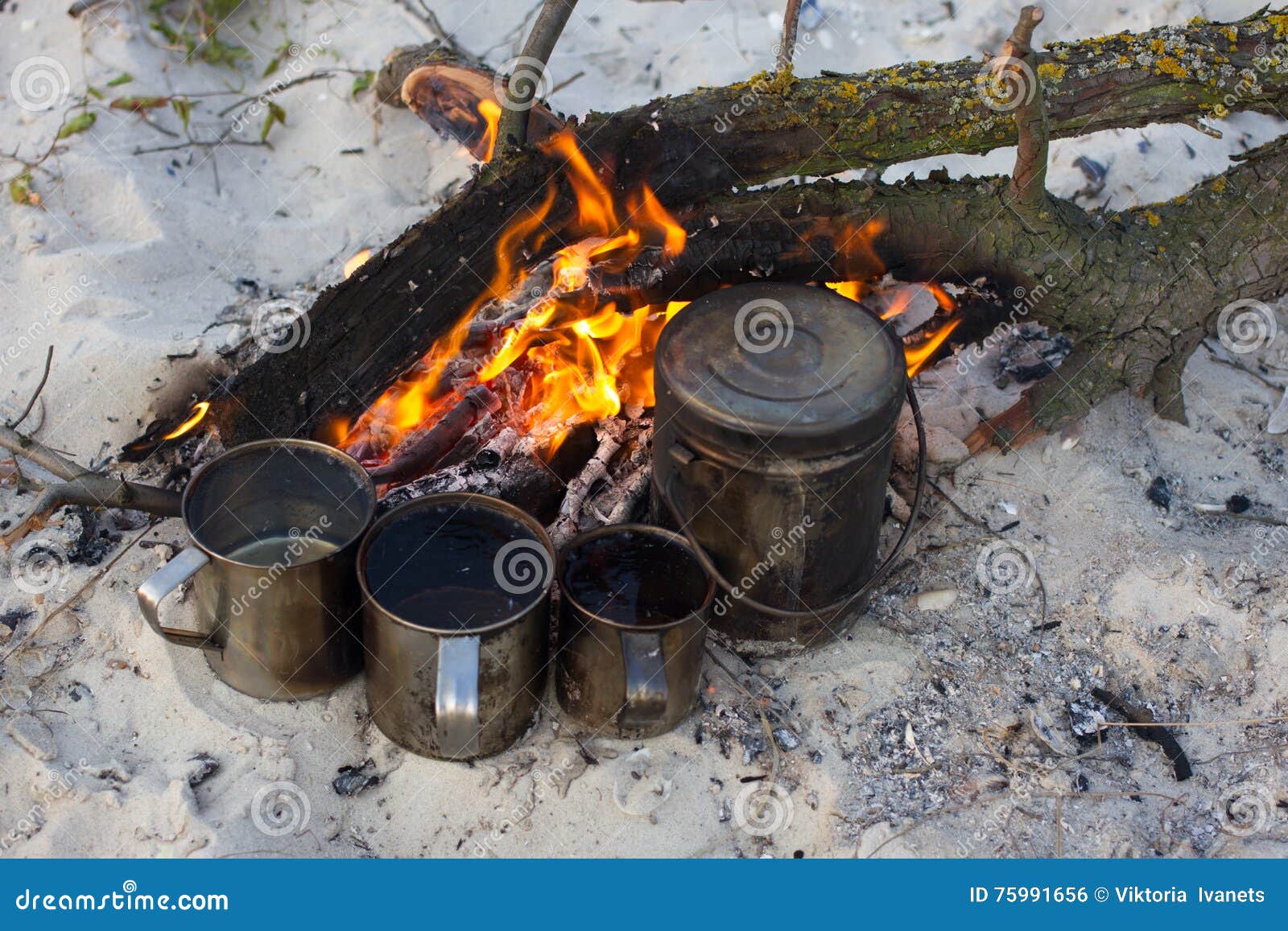 The Four Cups and Kettle Heats Water on the Fire. Camping Beach, Summer ...