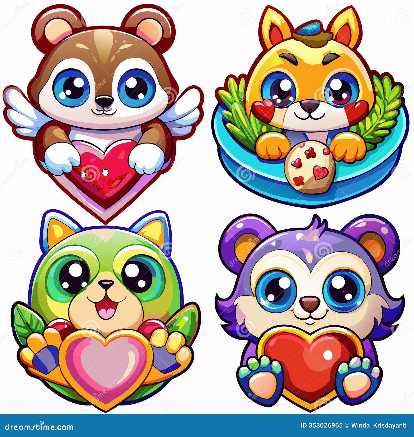 Four Cute Cartoon Animals Holding Hearts. (3 Stock Vector ...