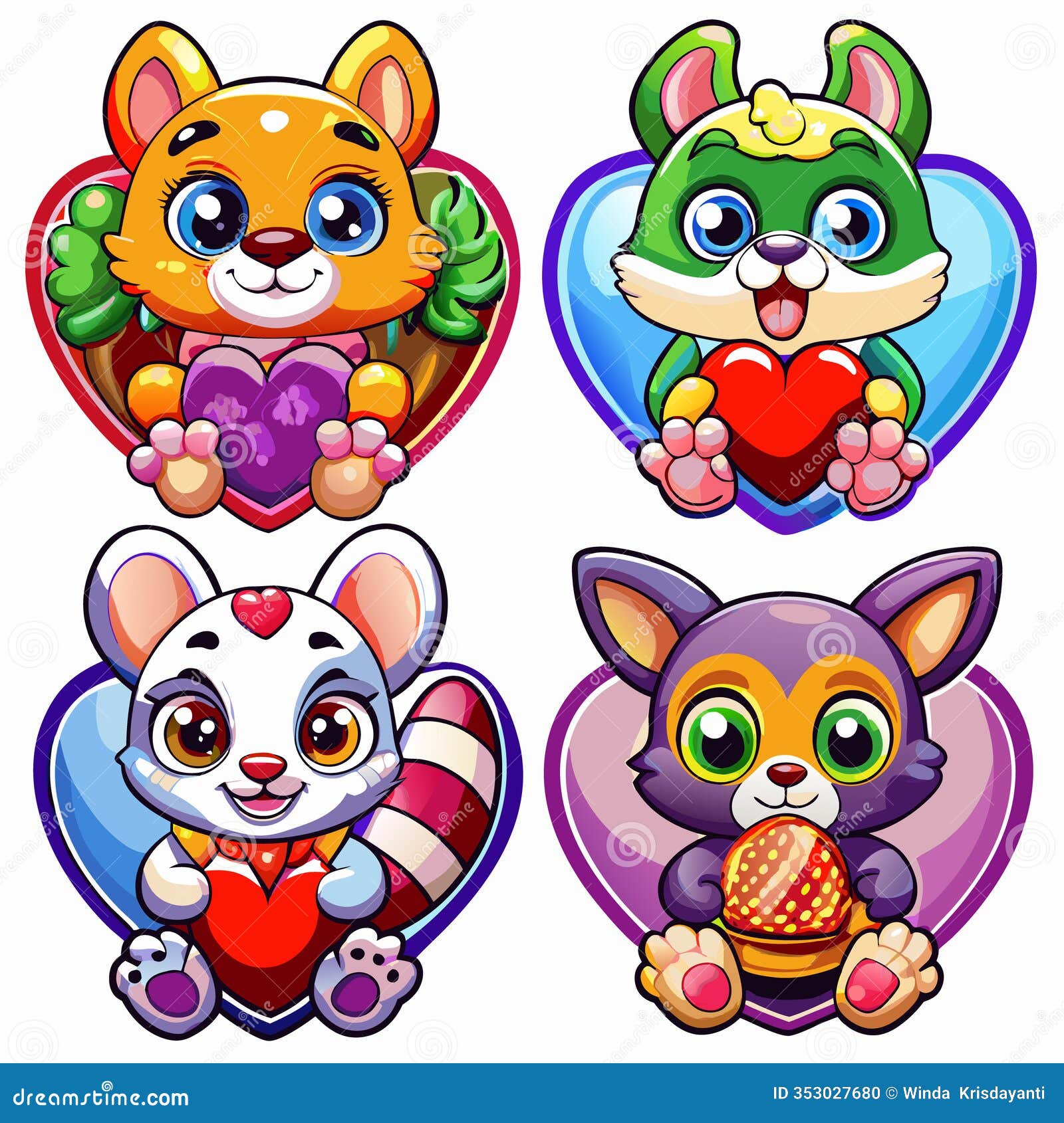 Four Cute Cartoon Animals Holding Hearts. (4 Stock Vector ...