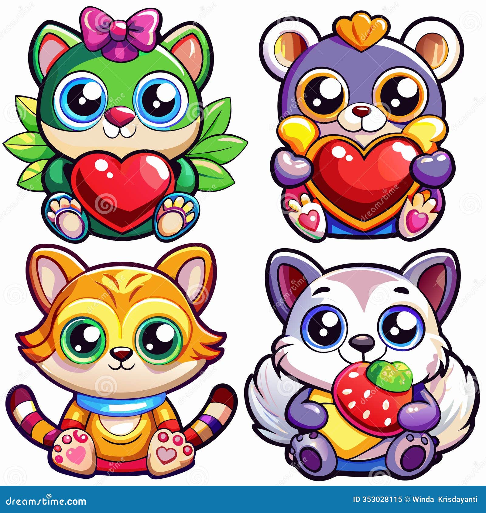 Four Cute Cartoon Animals Holding Hearts and Fruit Stock Vector ...