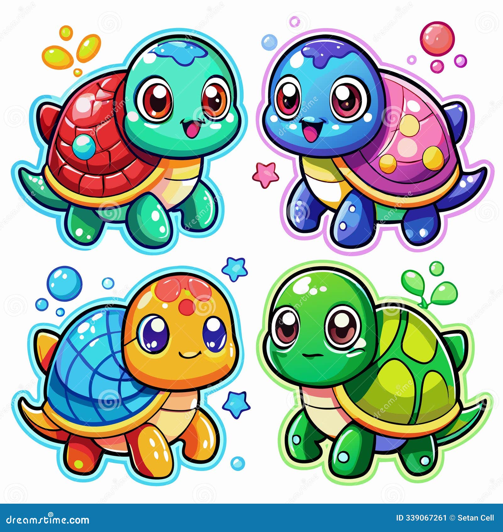 Four Cute Cartoon Turtles with Different Colors and Patterns Stock ...