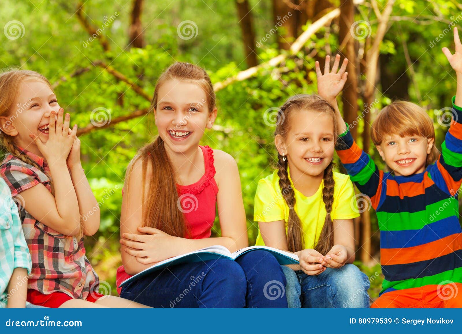 Four Cute Kids Having Fun in the Summer Forest Stock Image - Image of ...