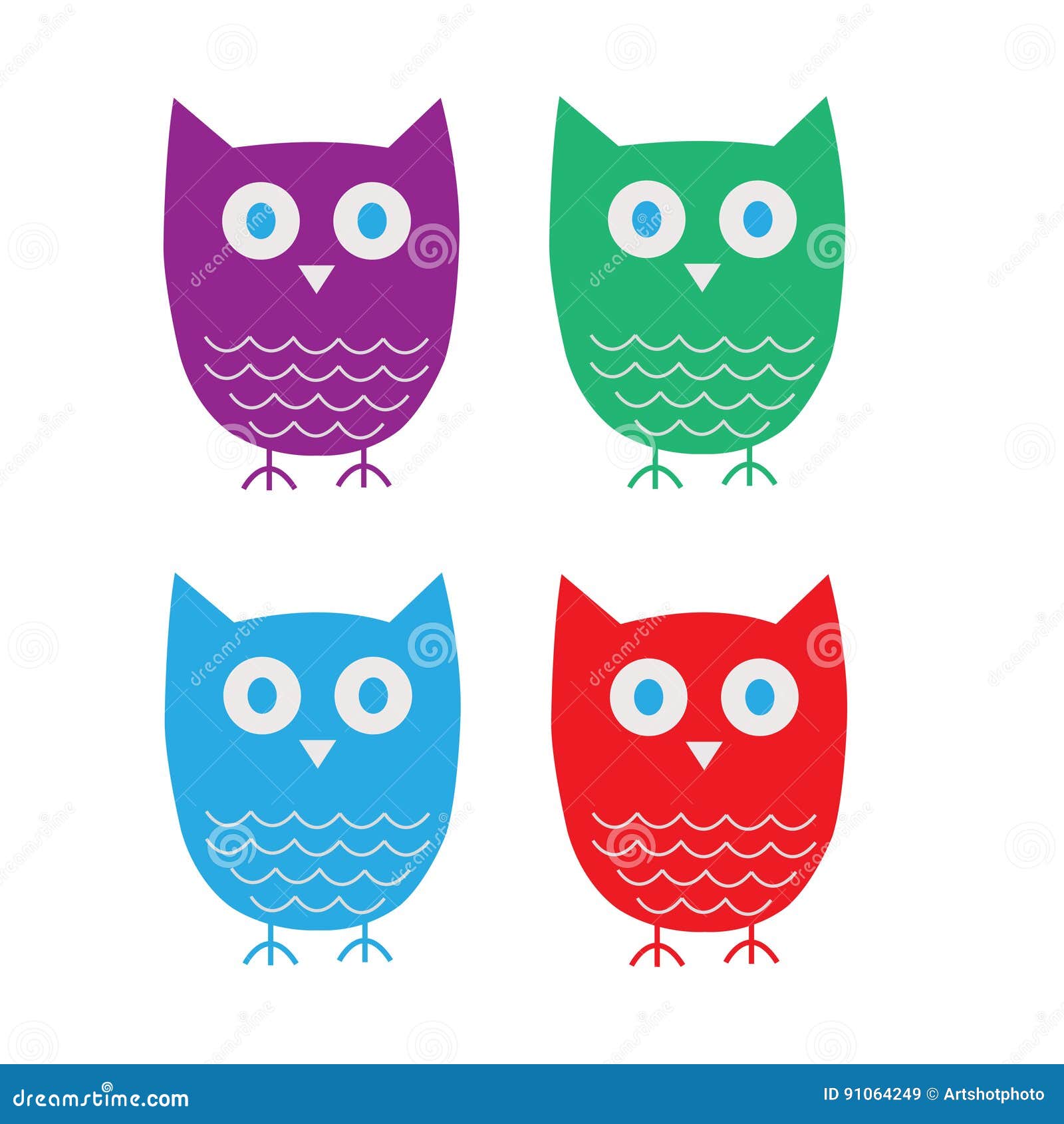 Four Cute Owls of Different Colors Stock Illustration - Illustration of ...
