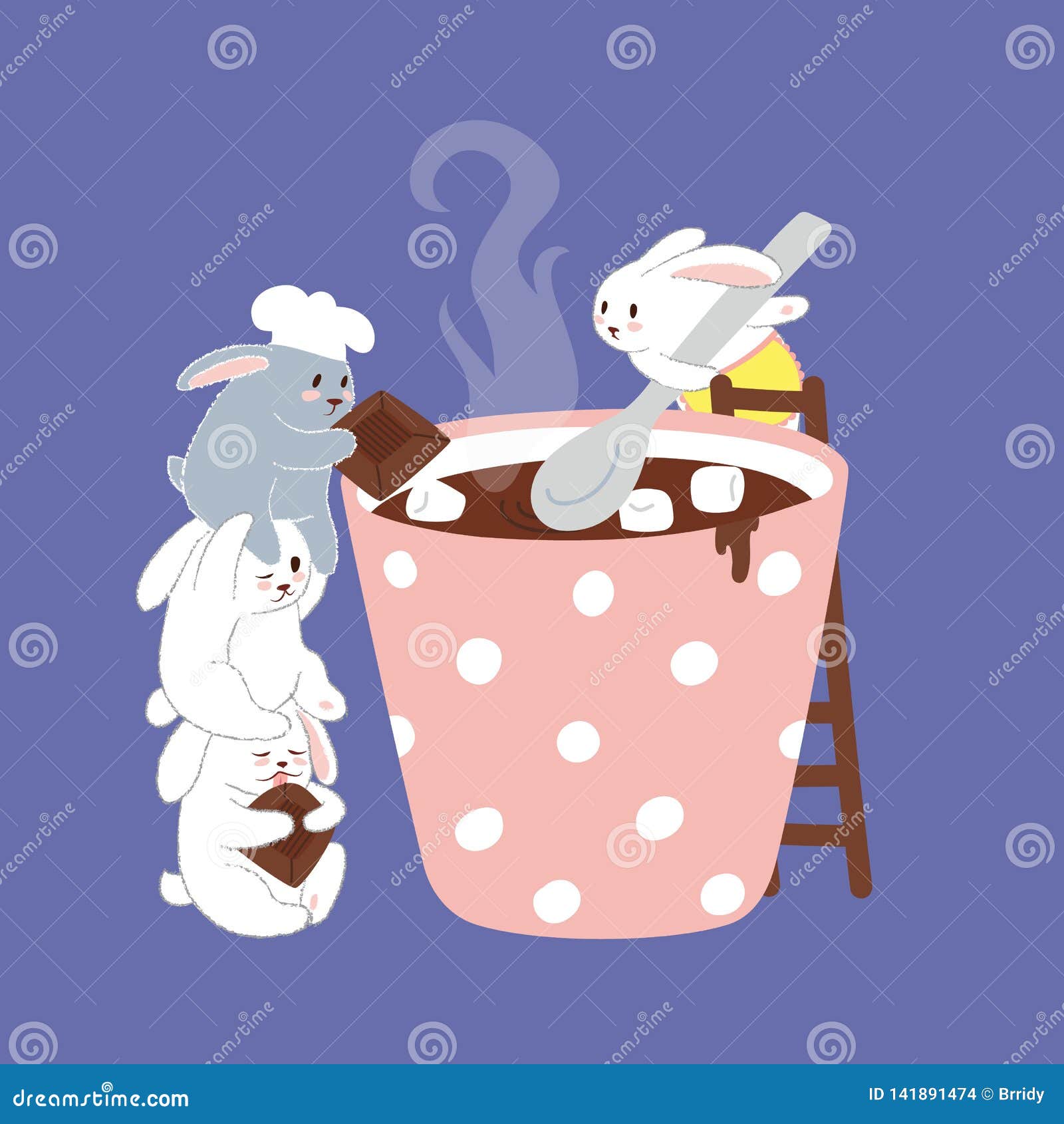Four Cute Rabbits Make Hot Chocolate with Marshmallow. Vector ...