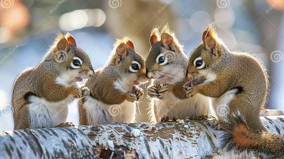 Four Cute Squirrels on a Birch Log, Sharing Seeds Stock Illustration ...