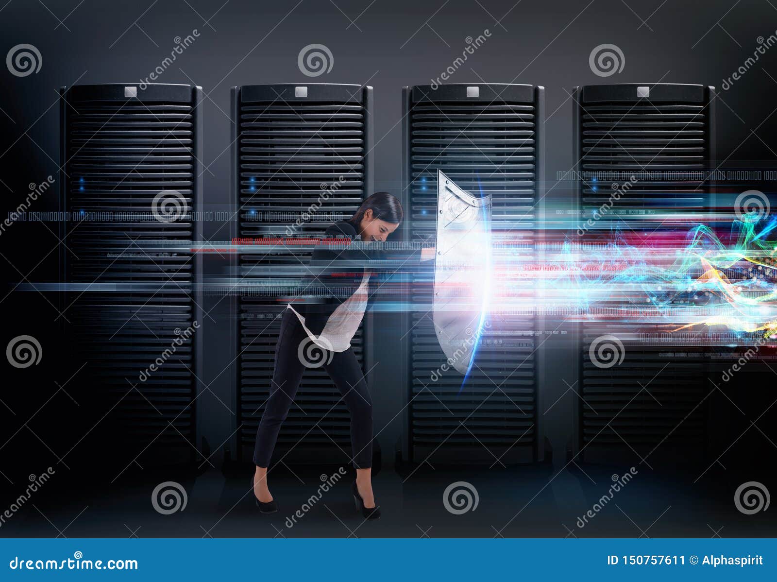 Concept of Safety in a Data Center Room with Database Server. Woman ...