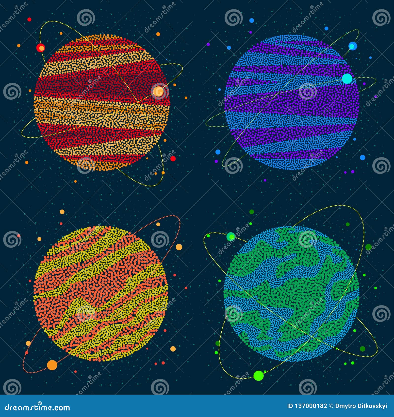 Four Decorative Planets Consisting of Dots Stock Vector - Illustration ...