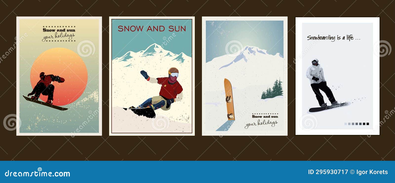 Four Decorative Posters about Snowboarding in Different Styles. Stock ...
