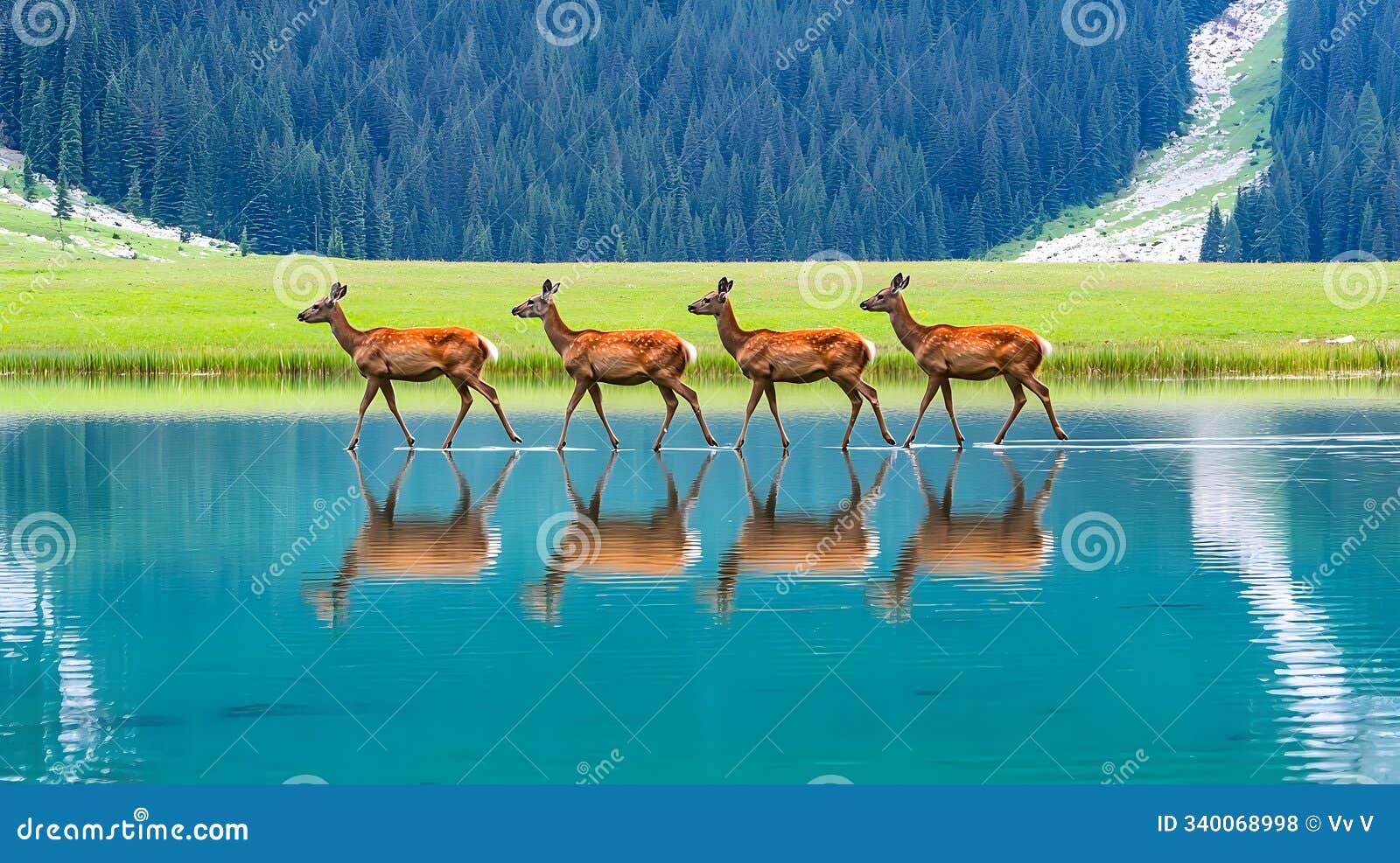 Four Deer Walking Along a Serene Mountain Lake Stock Illustration ...