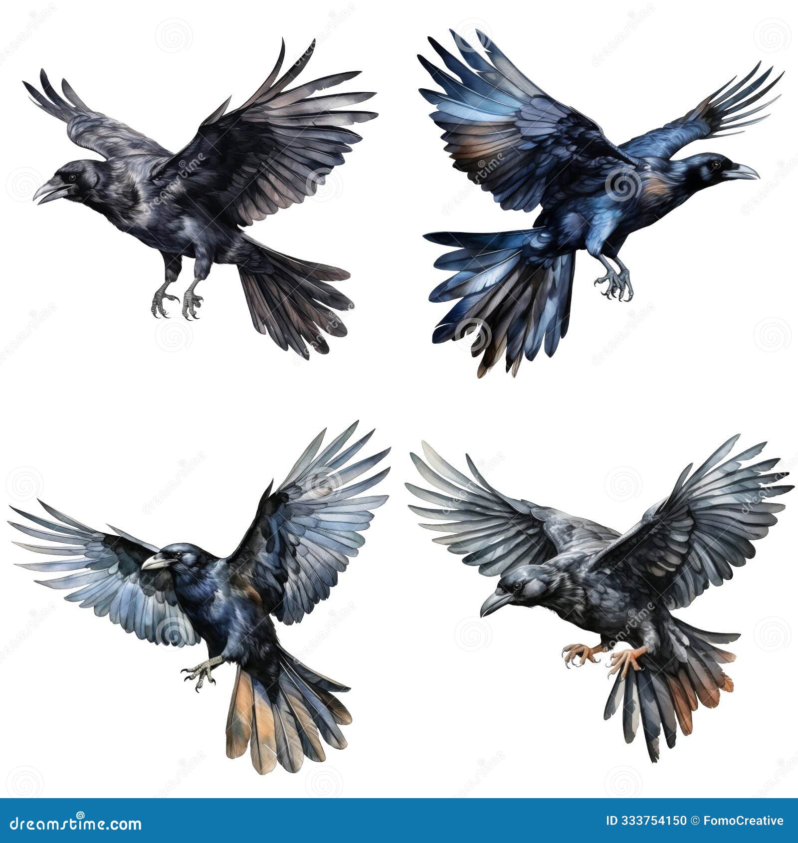 Four Detailed Drawings of Crows in Flight Stock Illustration ...