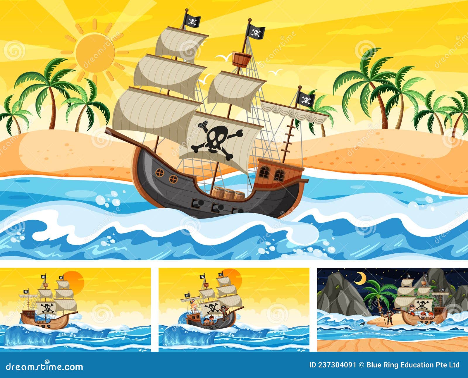 Four Different Beach Scenes with Pirate Ship Stock Vector ...