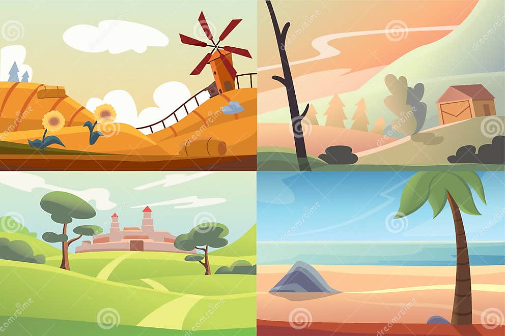 Four Different Beautiful Scenes of Nature Stock Vector - Illustration ...