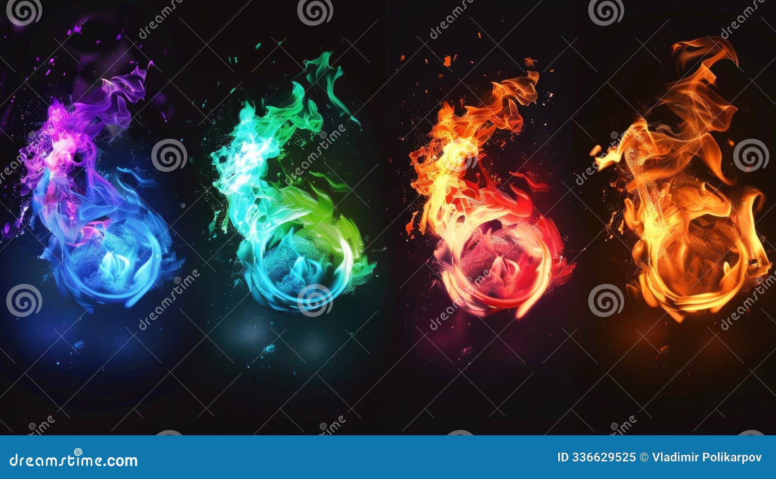 Four Different Colored Flames, with Orange, Yellow, Green and Blue Hues ...