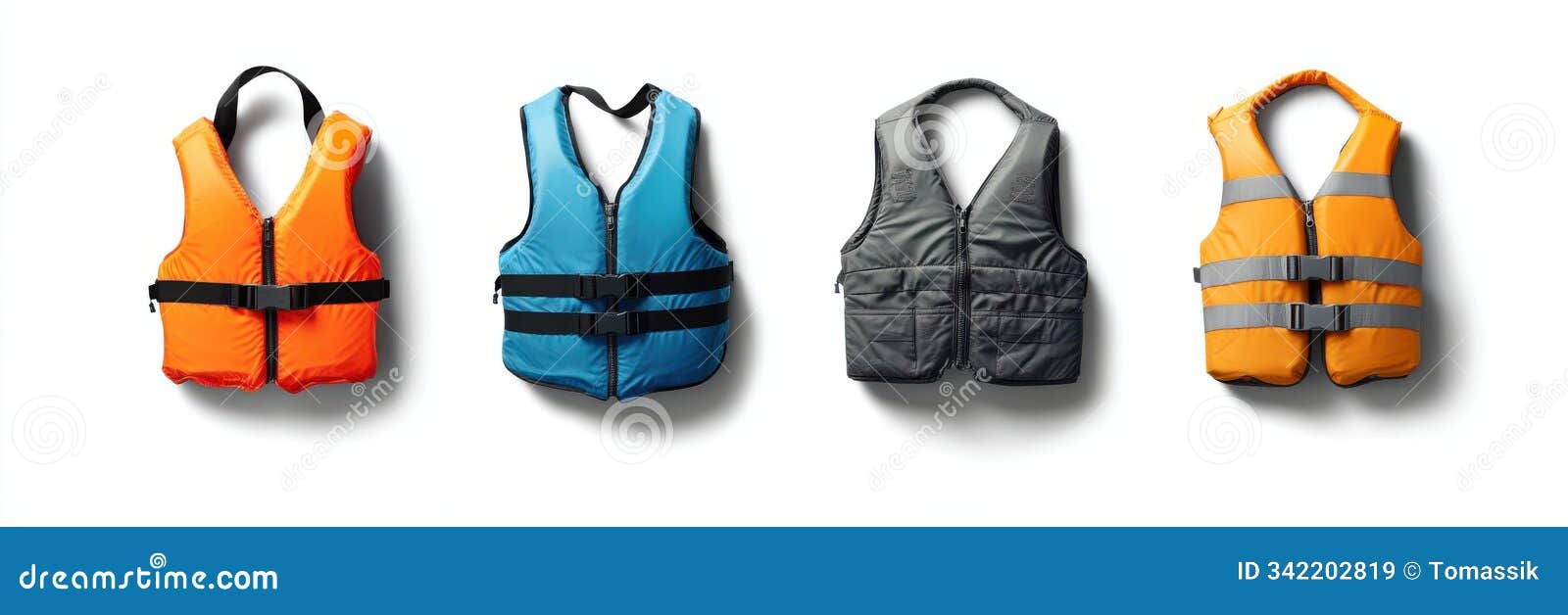 Four Different Colored Life Jackets on White Background for Safety ...