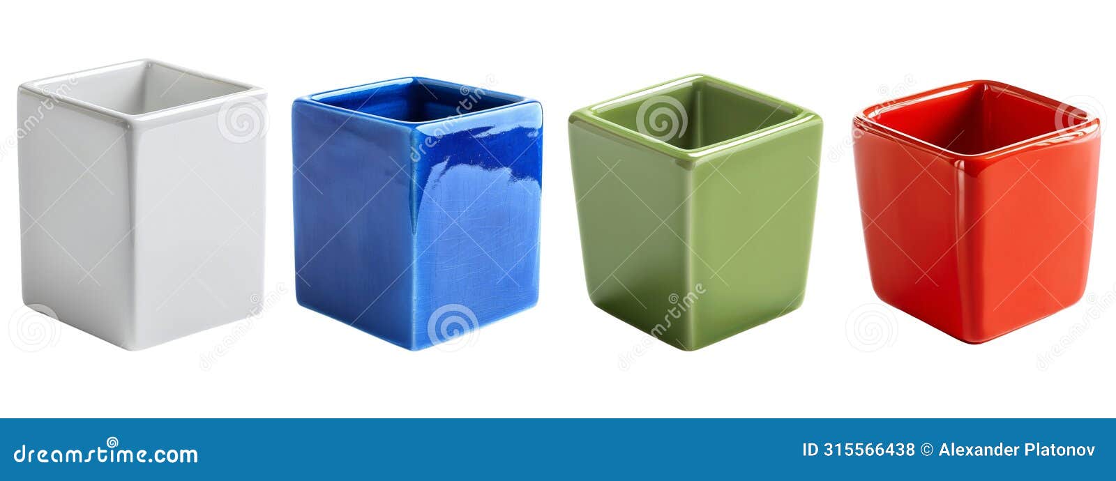 Four Different Colored Square Ceramic Pots. on a Transparent Background ...