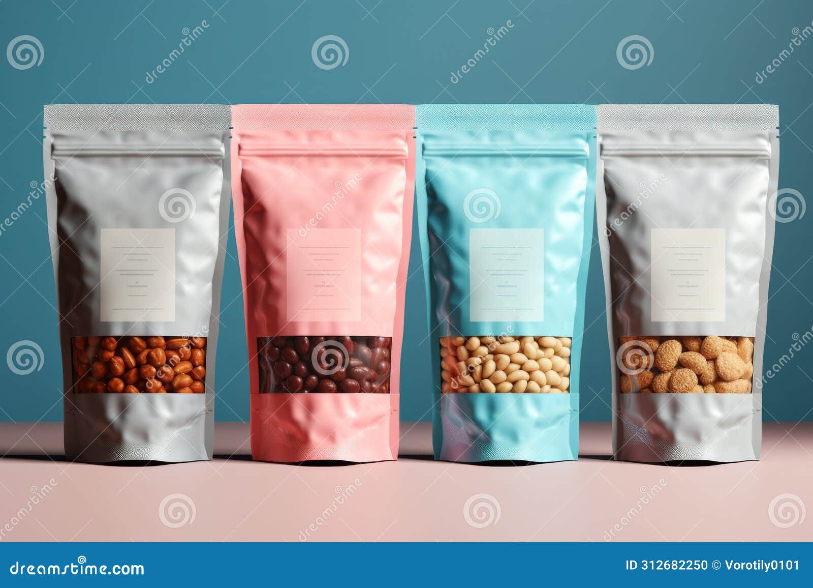 Four Different Colors of Food Packaging Mockup Isolated on Blue ...