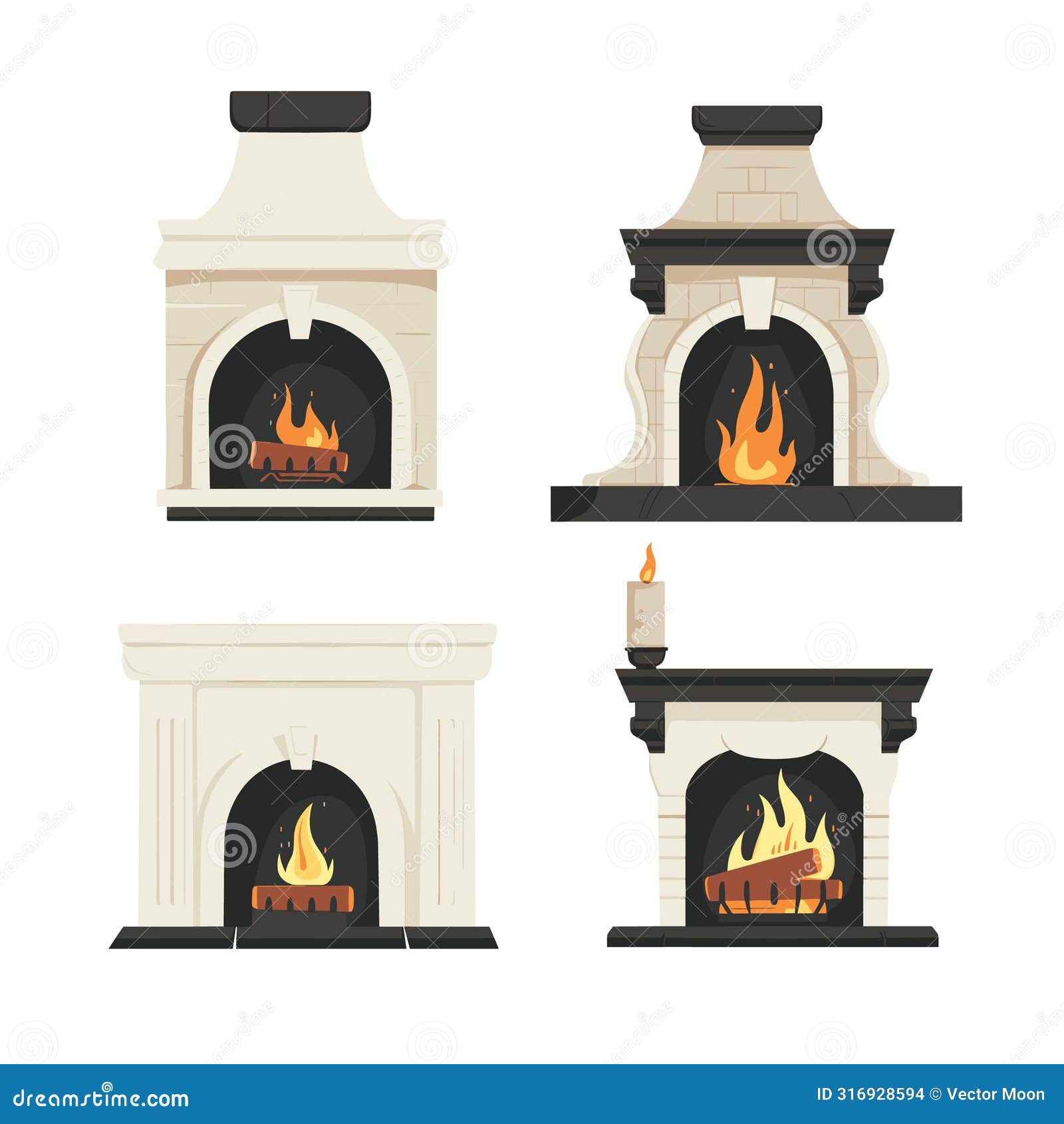 Four Different Designs Fireplace Illustrations, Featuring Fire Burning within. Classic Modern ...