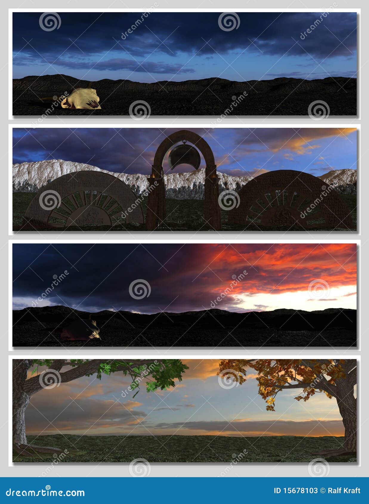 Four Different Fantasy Landscapes for Banner, Stock Illustration ...