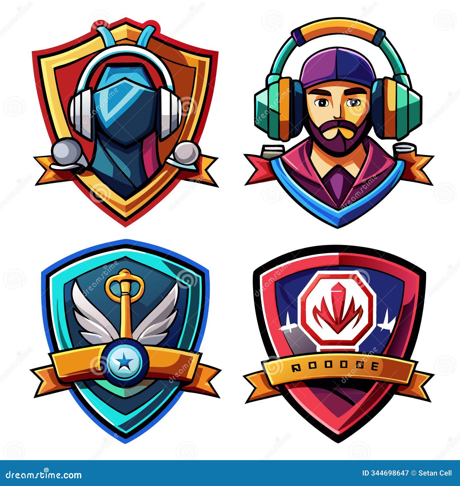 Four Different Gaming Logos with Shield, Headphone, and Character ...