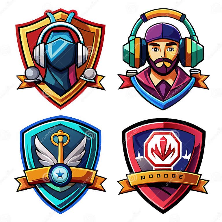 Four Different Gaming Logos with Shield, Headphone, and Character ...